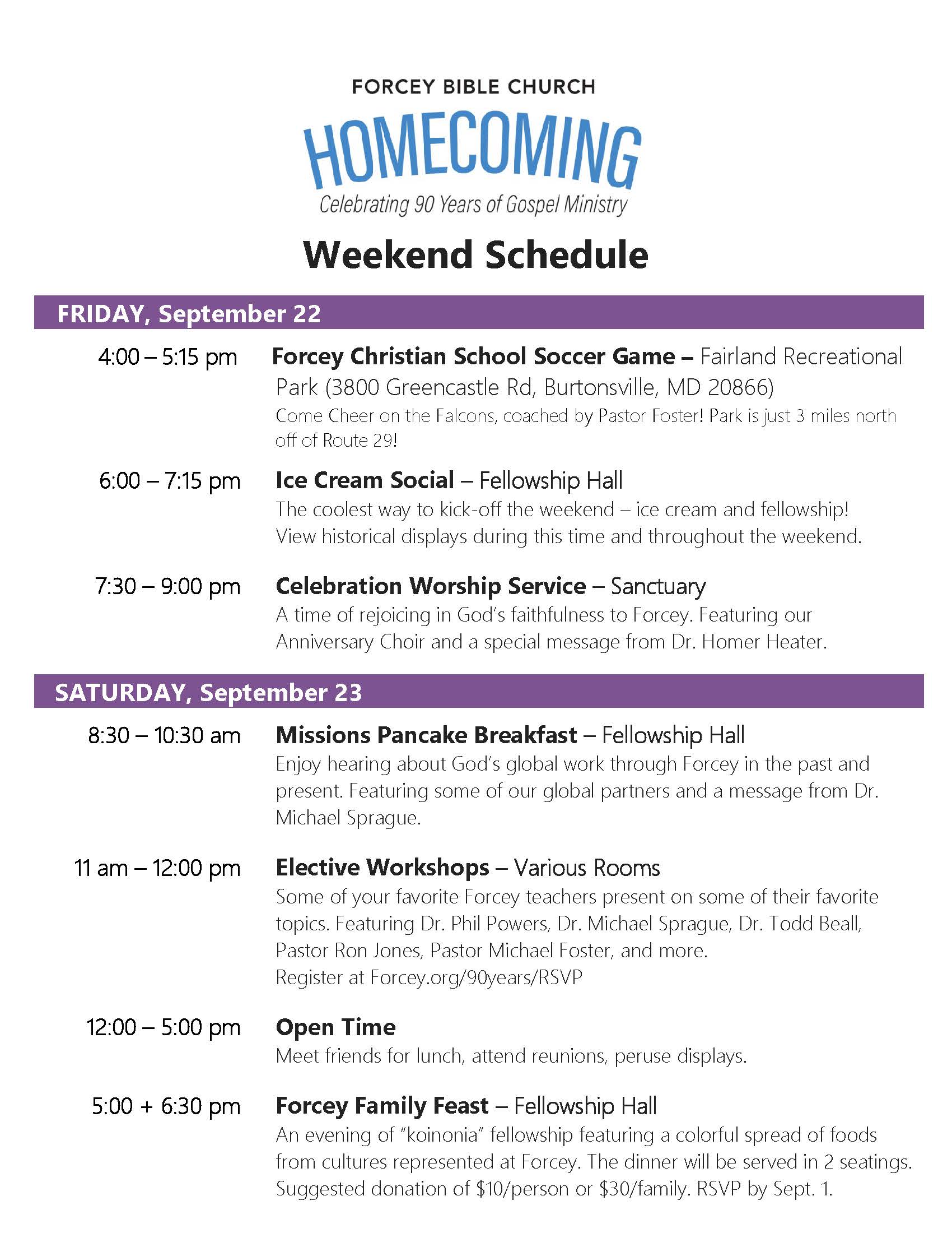 Homecoming Schedule | Forcey Bible Church | Forcey Bible Church